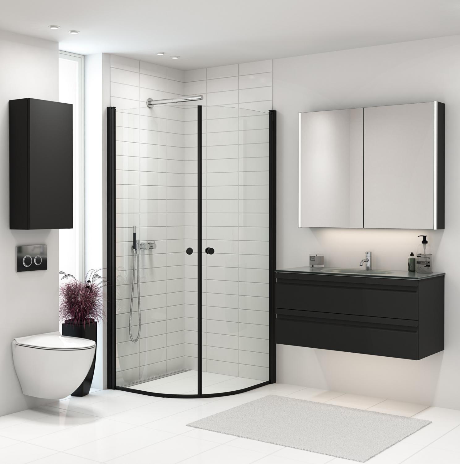 MATCH DUSJHJØRNE BUET 90X90 KLART GLASS/SORT MATT PROFIL | Tempe VVS