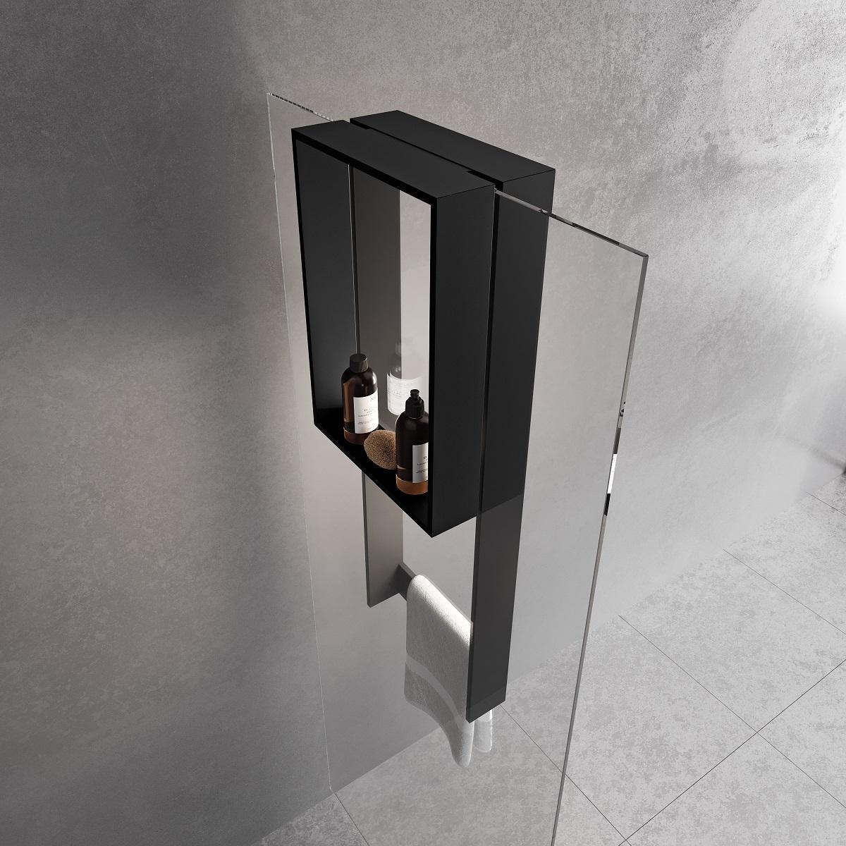 HYLLE FOR DUSJVEGG MED HÅNDKLEHOLDER, SORT MATT | Tempe VVS