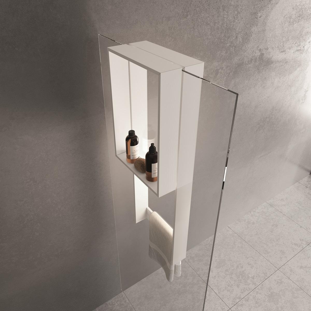 HYLLE FOR DUSJVEGG MED HÅNDKLEHOLDER, HVIT MATT | Tempe VVS